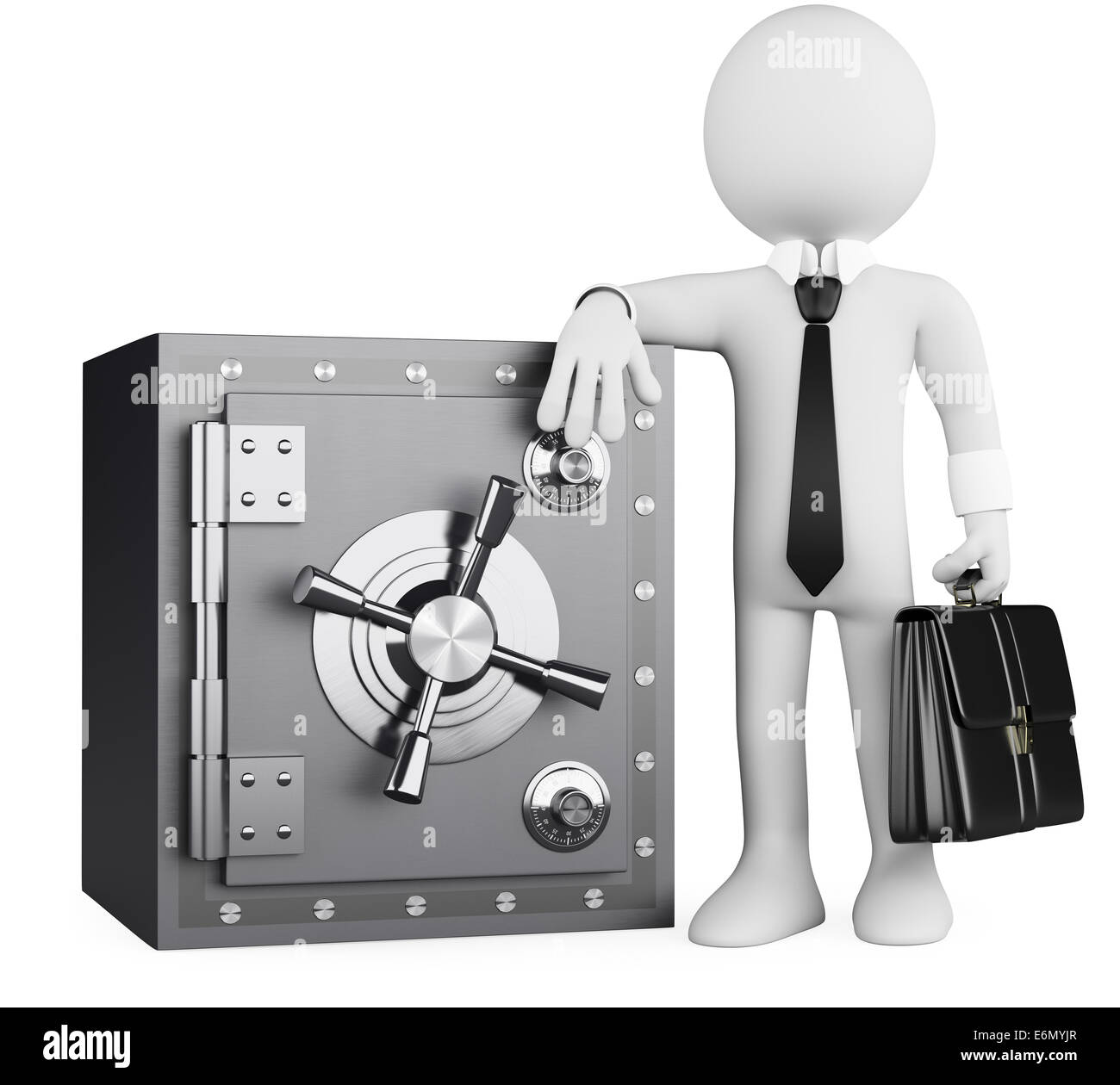 3d white business person with a briefcase leaning on a safe. 3d image ...