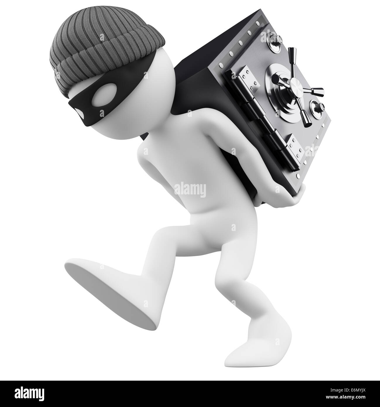 3d white person. Bank robber with a safe on his back. 3d image ...