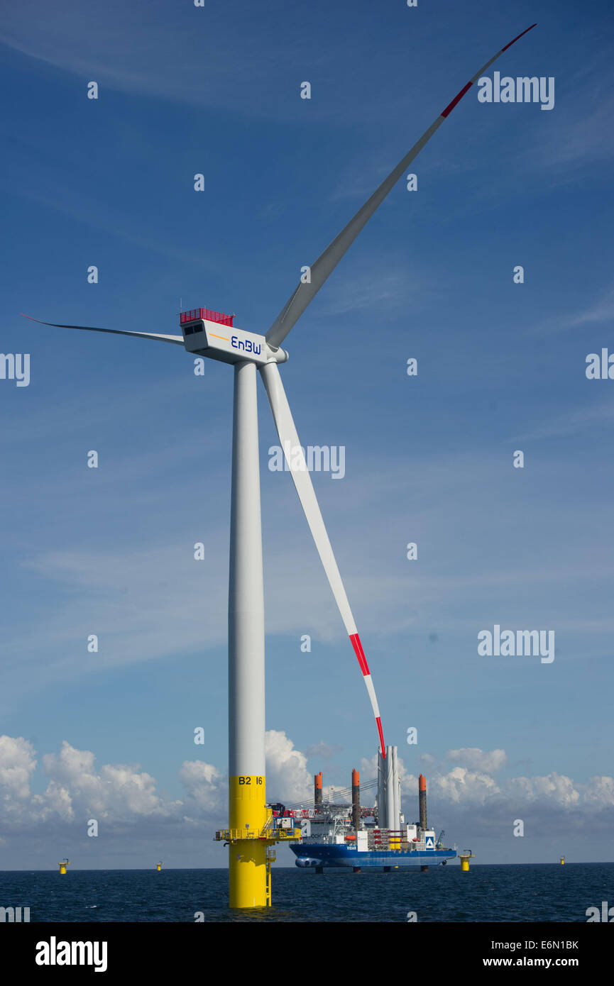 Sassnitz, Germany. 27th Aug, 2014. The first wind power station stands ...