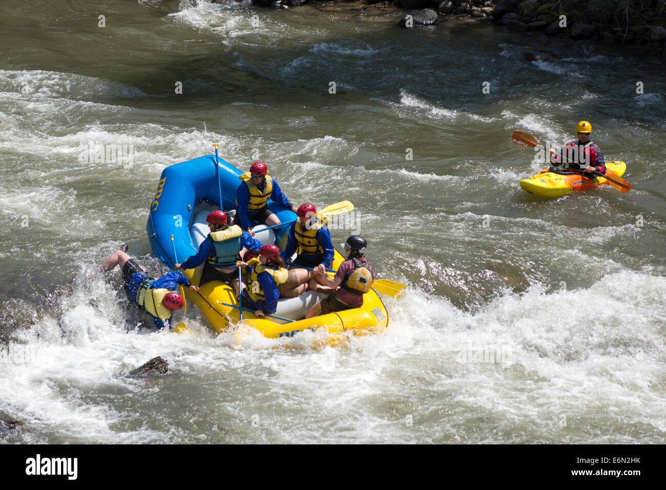 Person falling out of raft in a rapid on the South Fork of the Payette ...