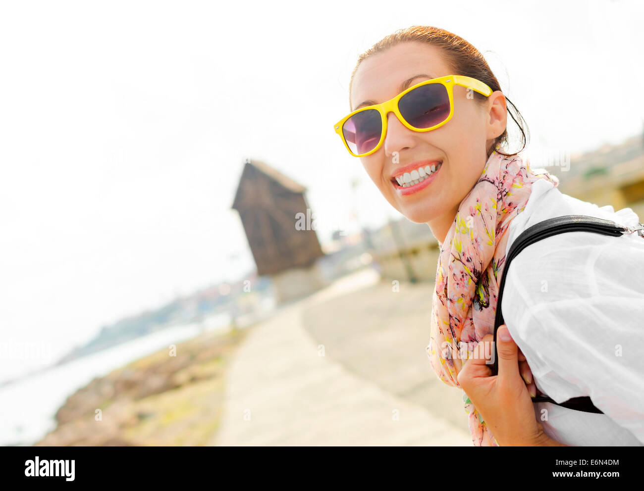 Attractive girl tourist, smiling walking outdoors Stock Photo - Alamy
