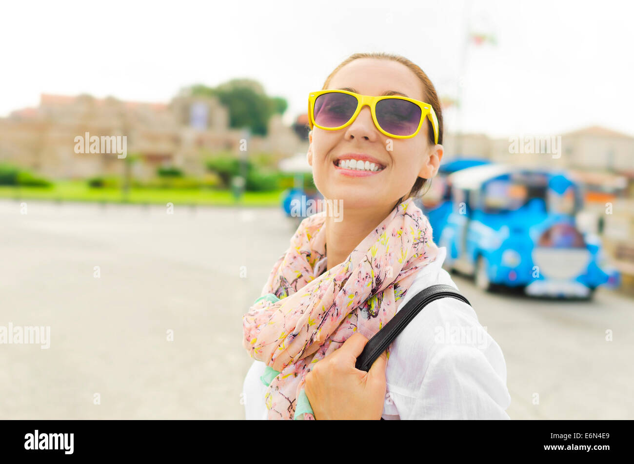 Attractive girl tourist, smiling walking outdoors Stock Photo - Alamy