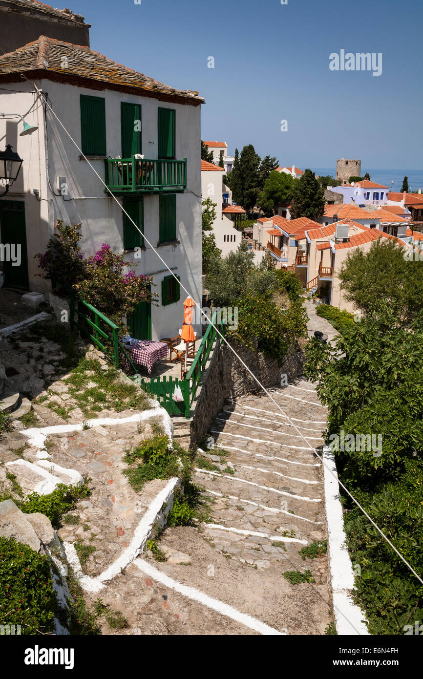 Paved path in the old village (Chora) of Alonissos, Greece on August ...