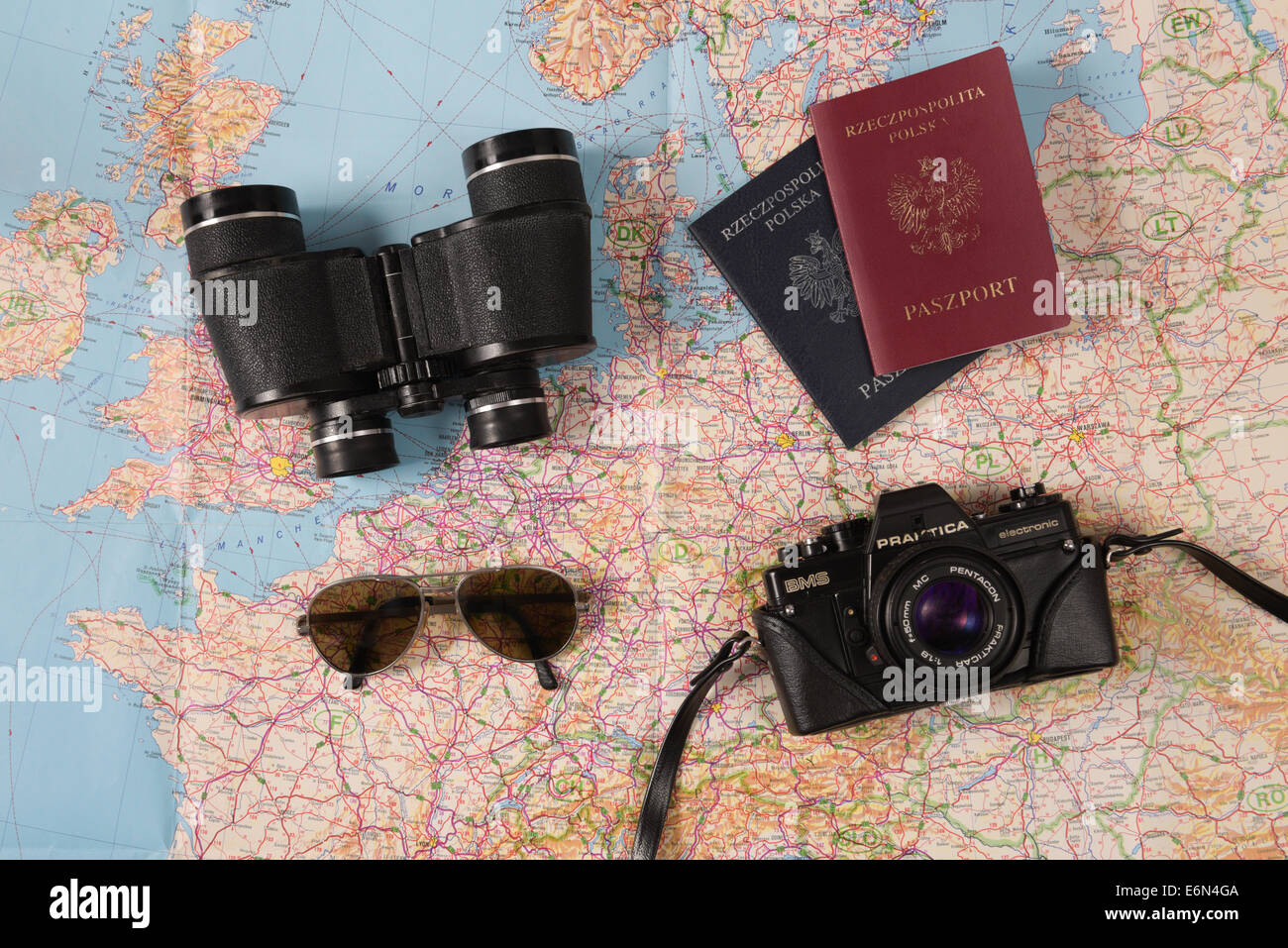 Binocular, passports, glasses and camera on a map of Europe Stock Photo ...