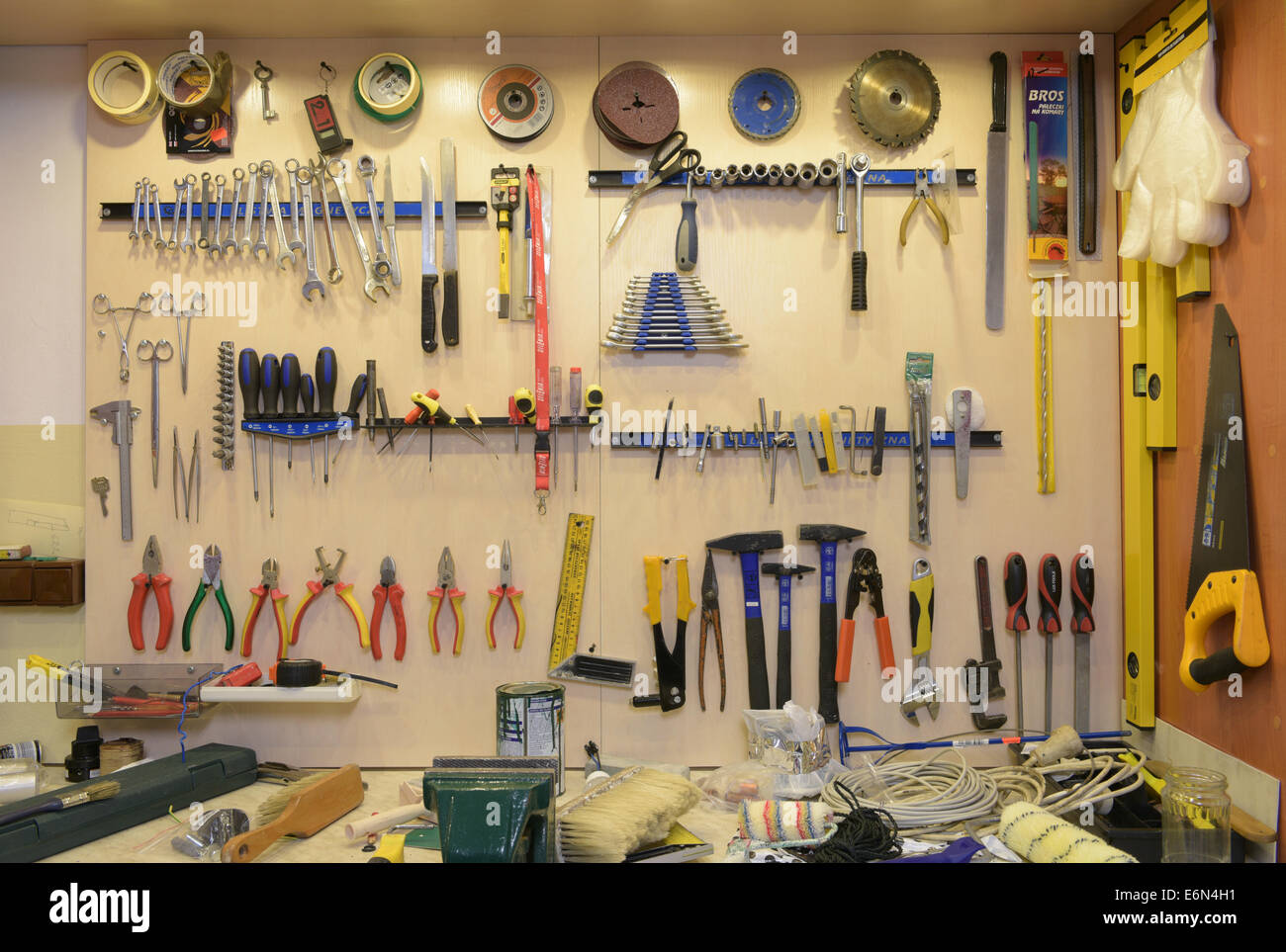 Set of tools on a workbench Stock Photo - Alamy