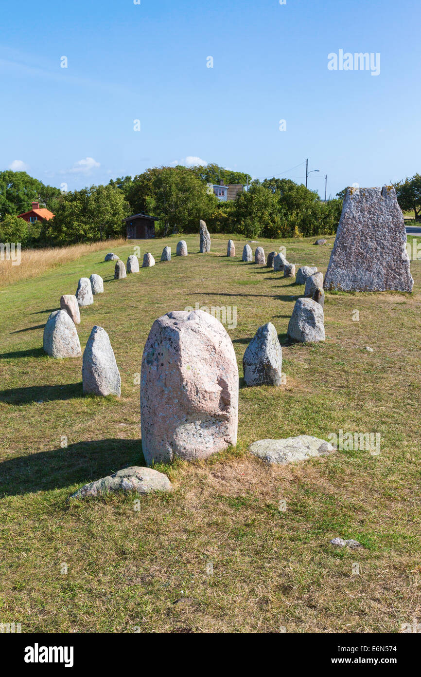 Ancient monuments with stone ship on a field Stock Photo - Alamy