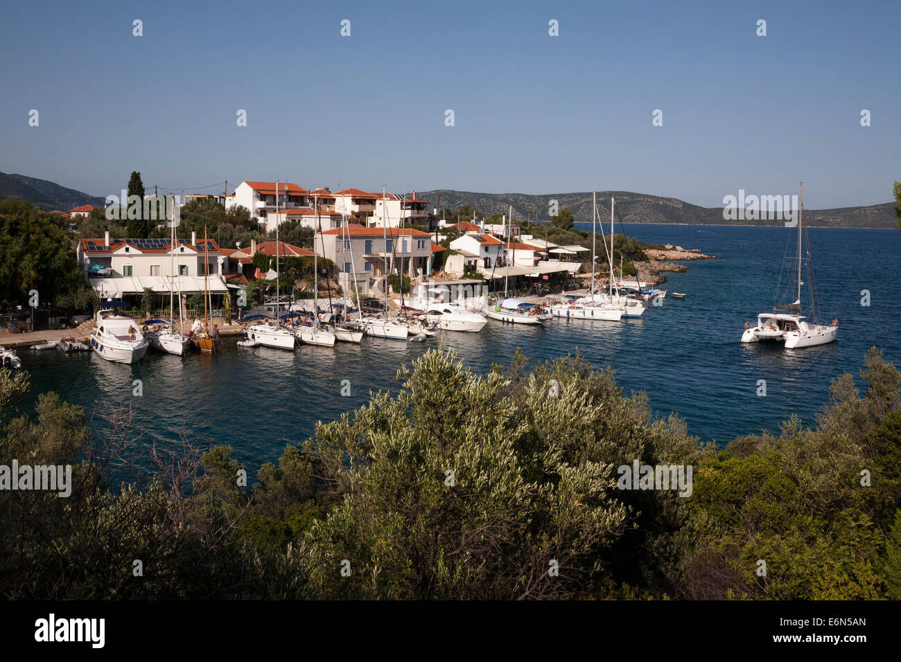 The harbor village of Steni Vala in Alonnisos, Greece on August 2014 ...