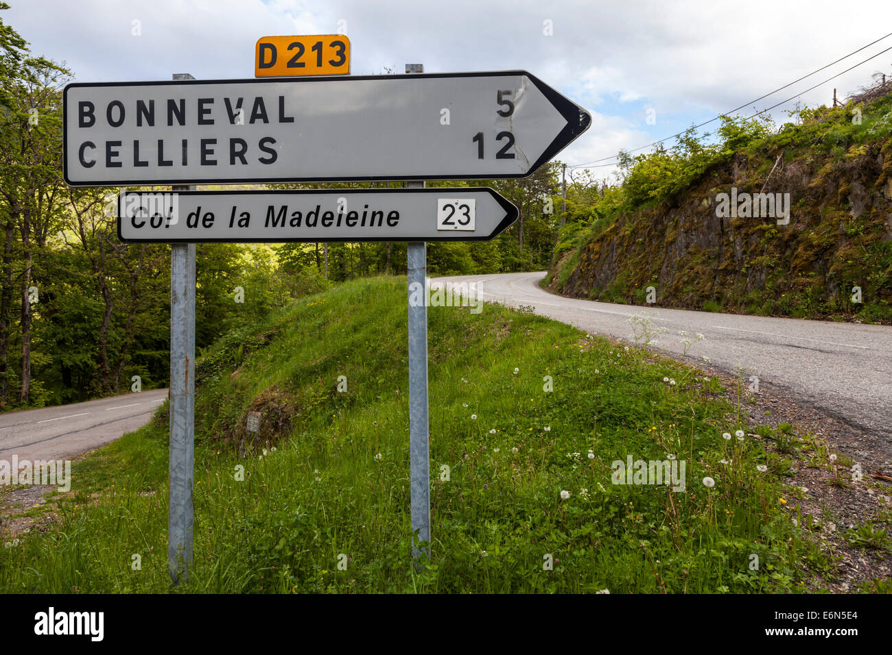 Road and signs to the Col de la Madeleine, Tarentaise, Savoie, Rhone ...