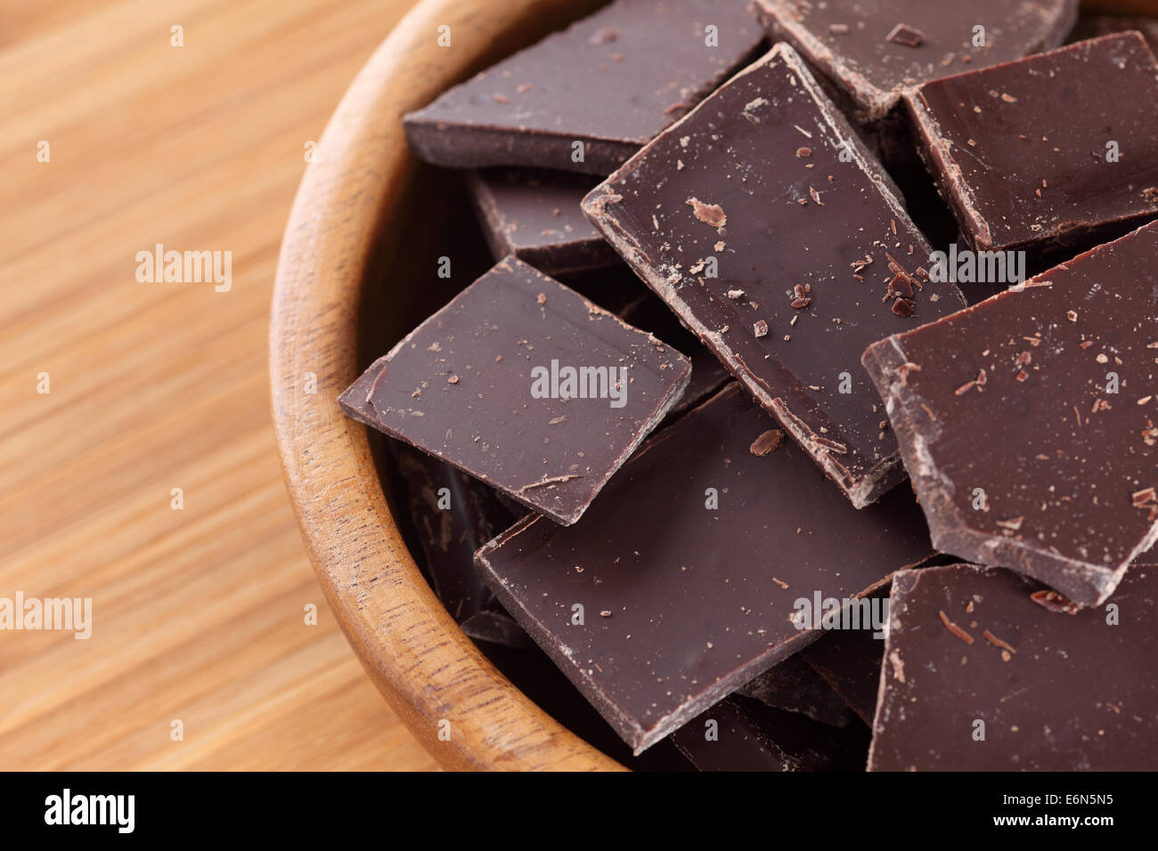 Broken chocolate in a wooden bowl Stock Photo - Alamy