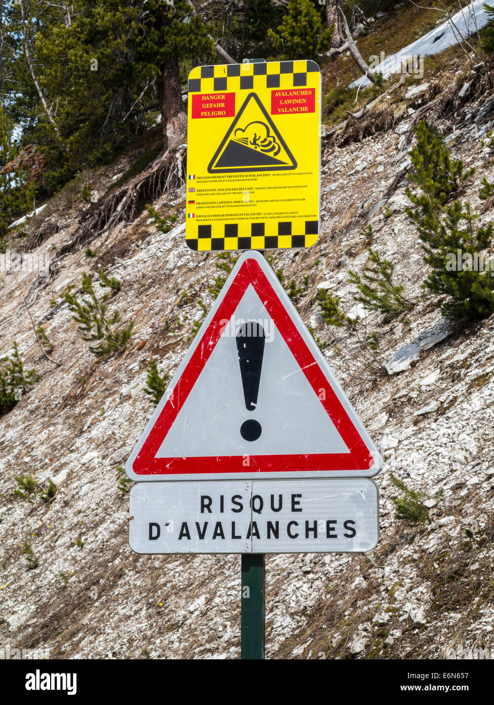 Avalanche warning signs in Les Arcs 1850 ski resort, Savoie, France ...