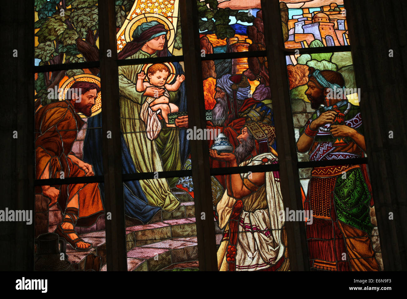 Adoration of the Magi. Stained glass window in Saint Barbara's Church ...
