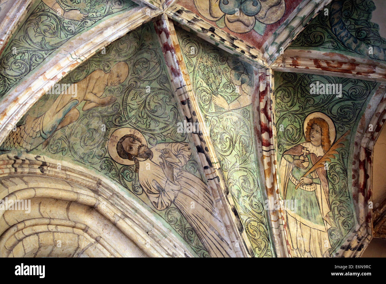 Saint Vitus. Gothic ribbed vault decorated with medieval frescos in ...