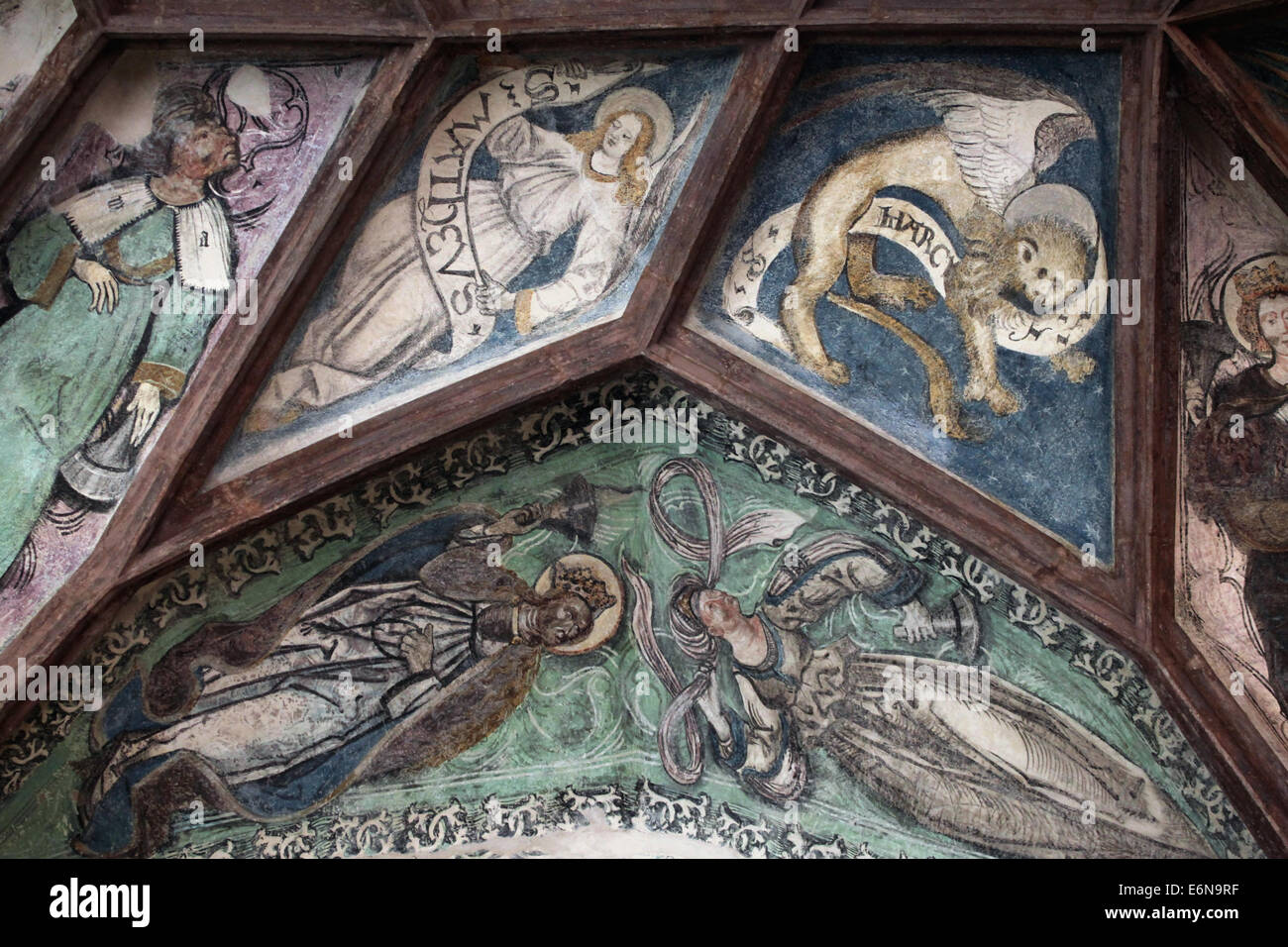 Saint Mark Lion. Gothic ribbed vault decorated with medieval frescos in ...