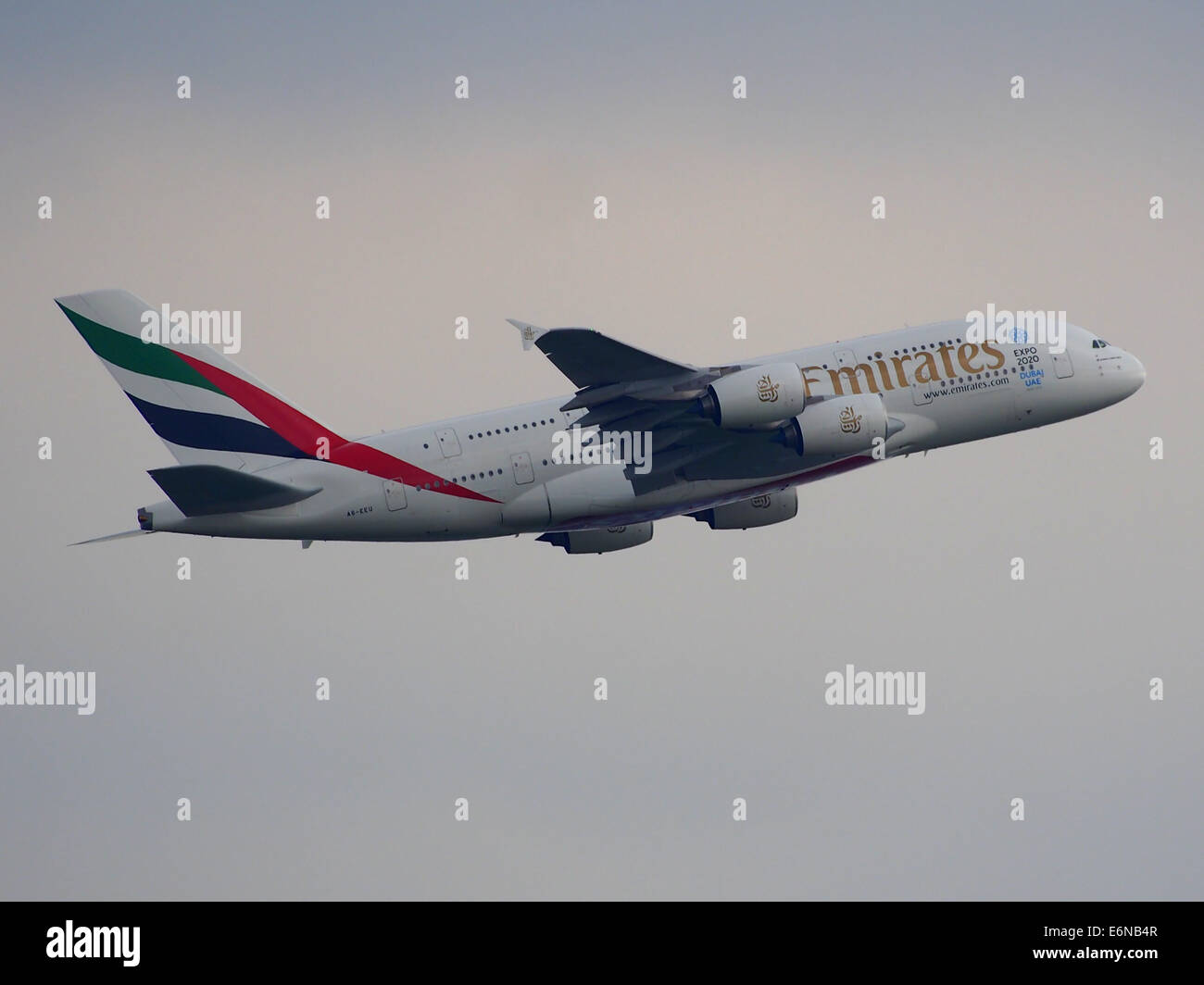Emirates Airbus A380, registration A6-EEU, is captured during takeoff ...