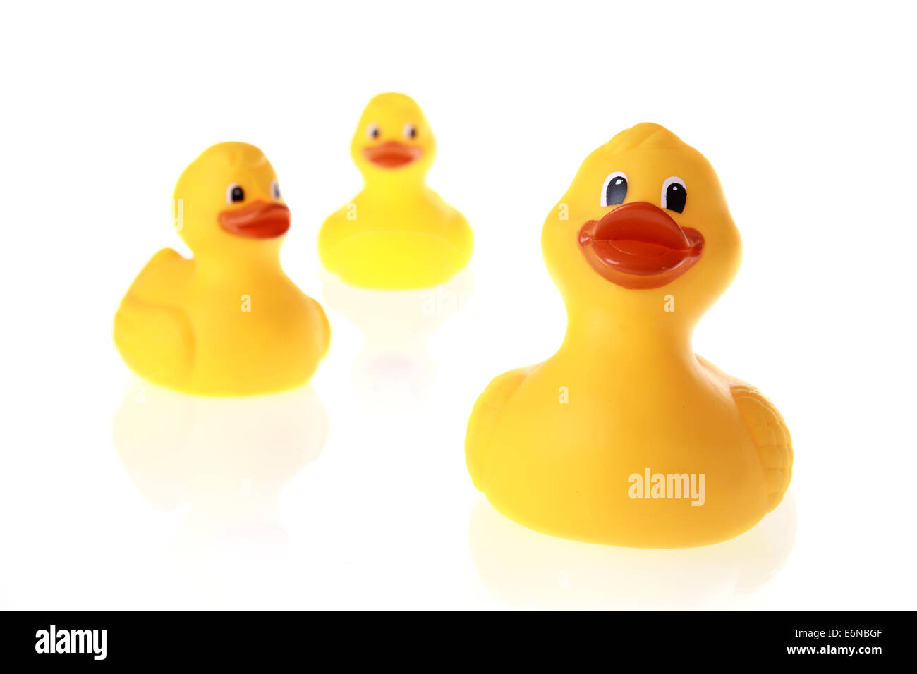 Three rubber duckies back to back on the white background. Isolated on ...