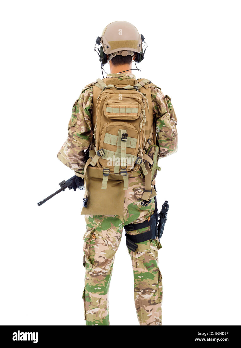 back view of soldier with rifle or sniper over white background Stock ...
