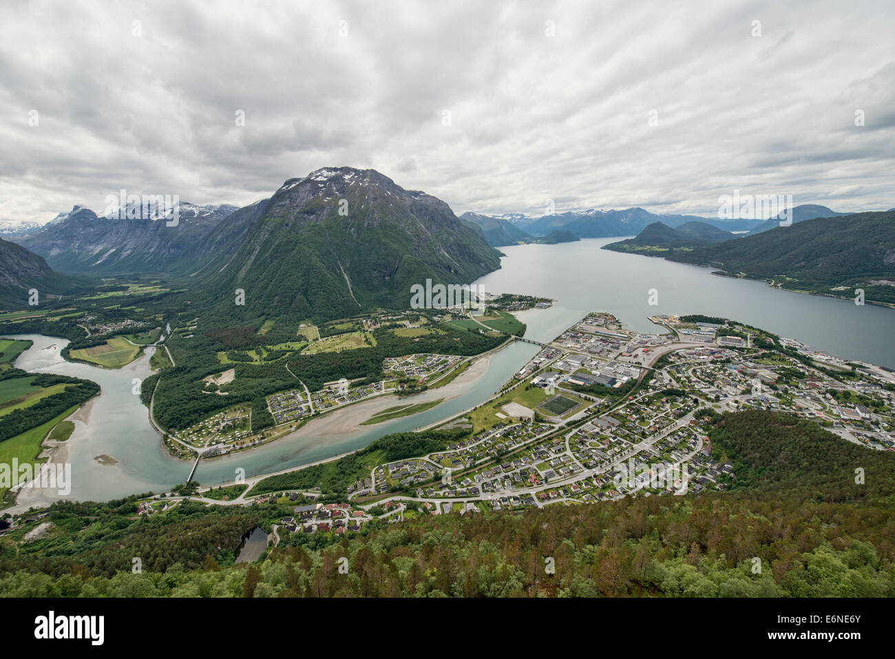 View of Andalsnes from the Romsdalseggen ridge hike in Romsdal, Norway ...