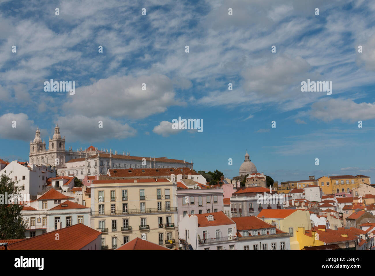 Panorama of old traditional city of Lisbon with red roofs and view of ...