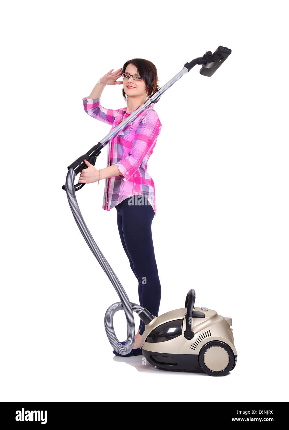 woman with vacuum cleaner on a white background Stock Photo - Alamy