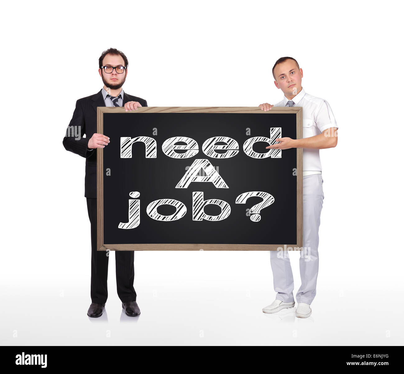 two businessman holding blackboard with drawing need a job Stock Photo ...