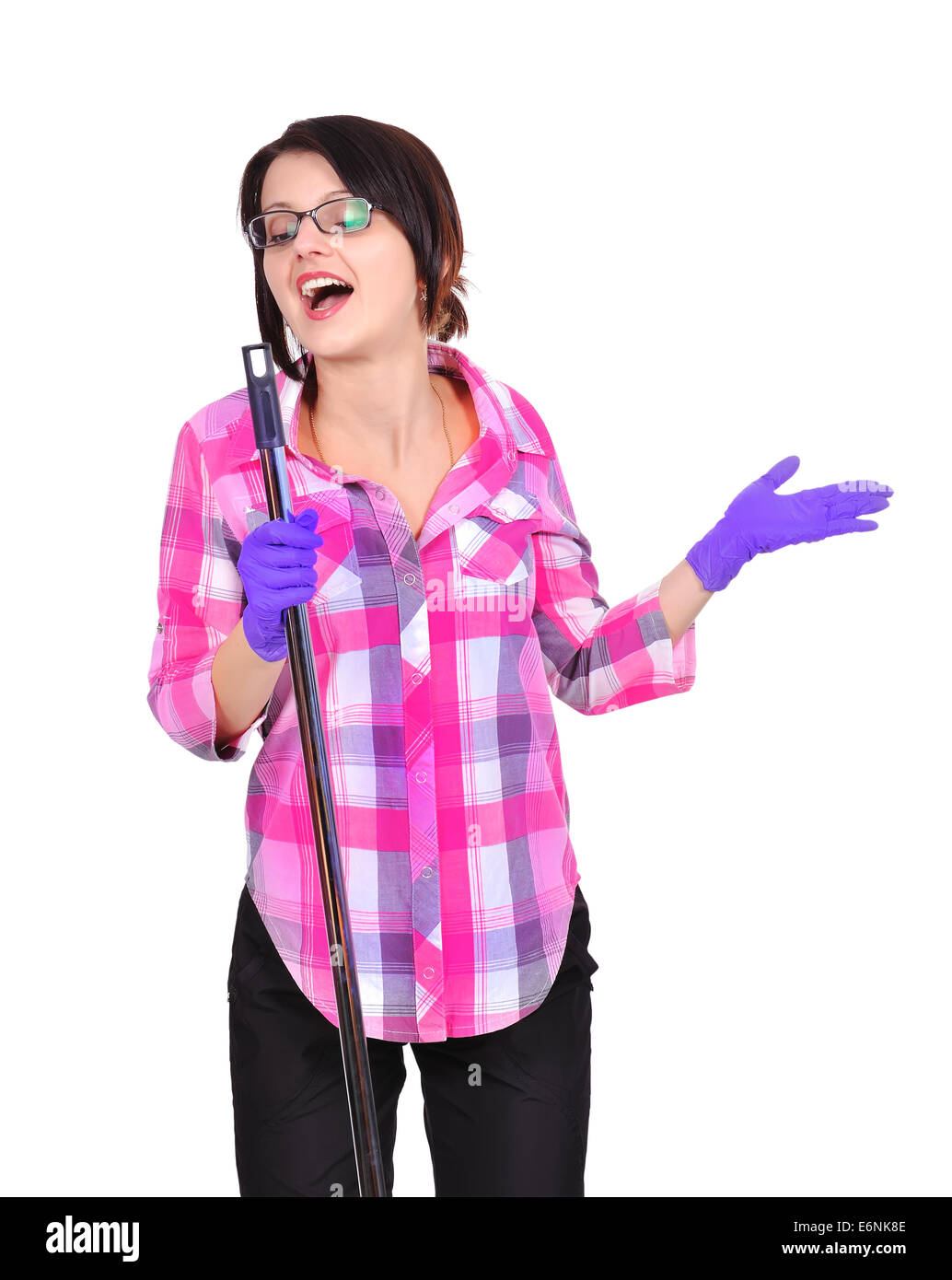 Cleaning woman singing with mop in hand Stock Photo - Alamy