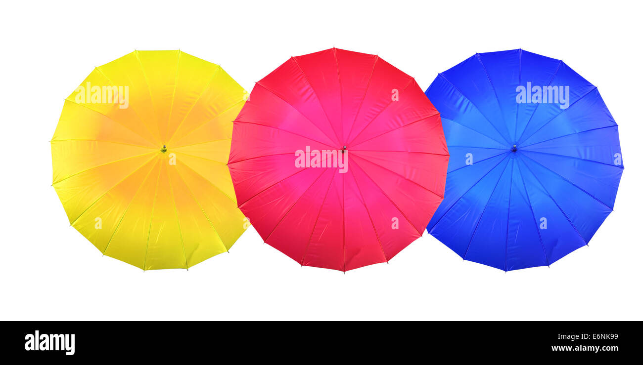three color umbrella on a white background Stock Photo - Alamy