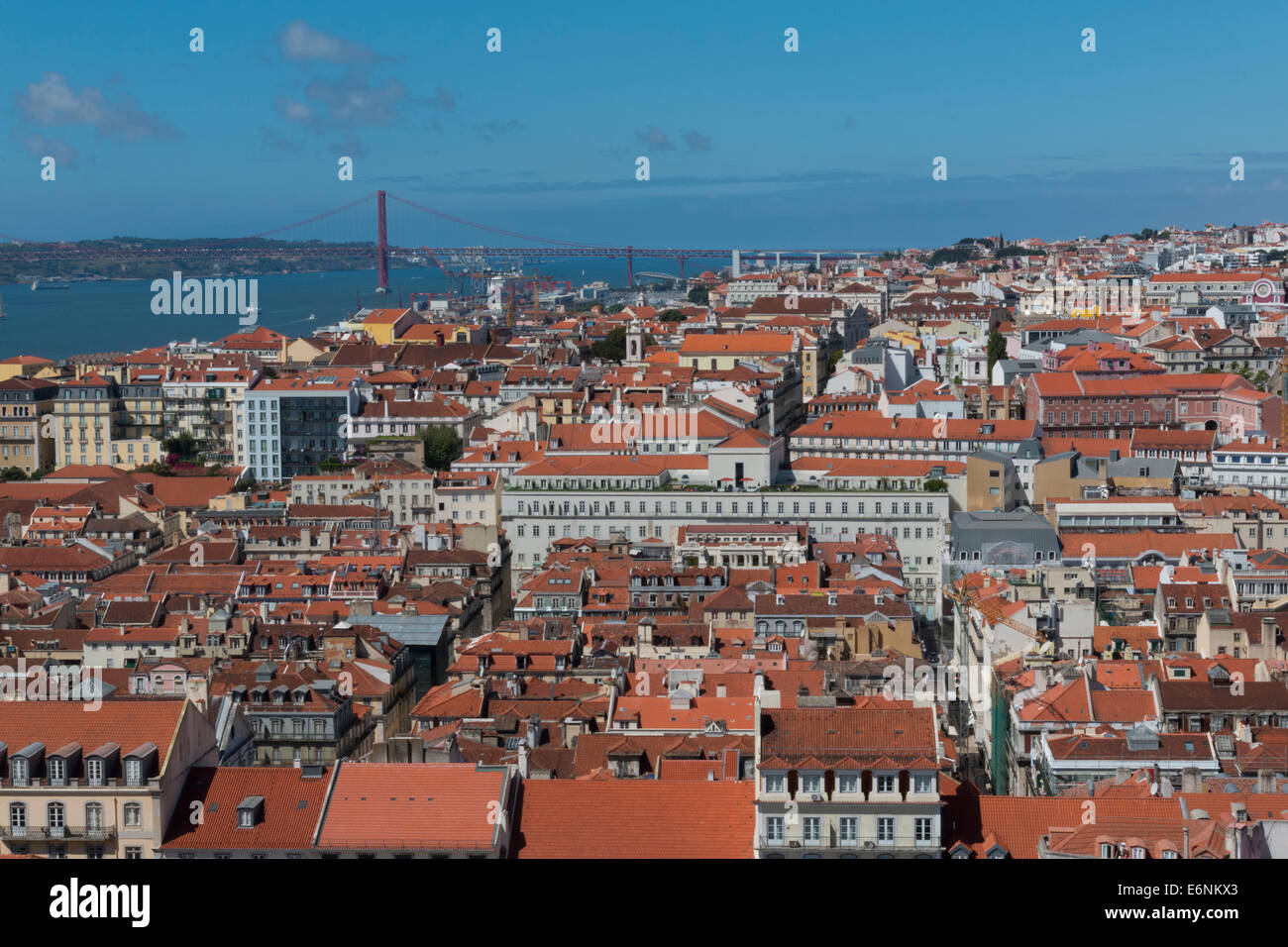 Panorama of old traditional city of Lisbon with red roofs and view of ...