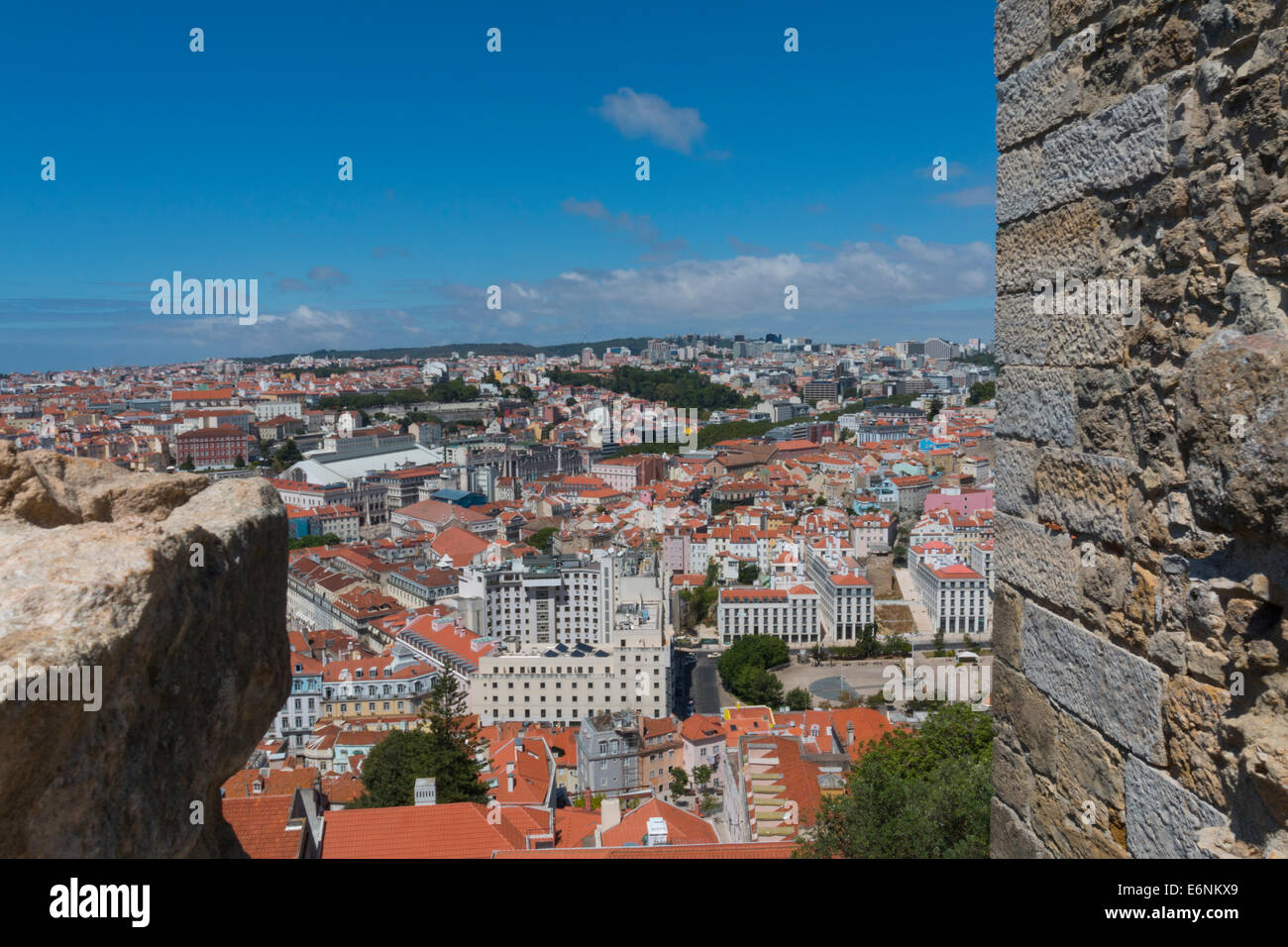Panorama of old traditional city of Lisbon with red roofs and view of ...