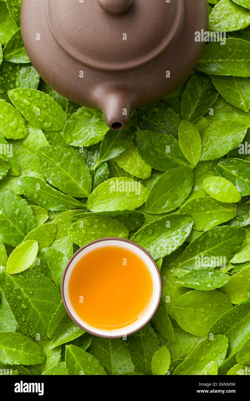 Teapot and cup of tea on green leaves Stock Photo - Alamy