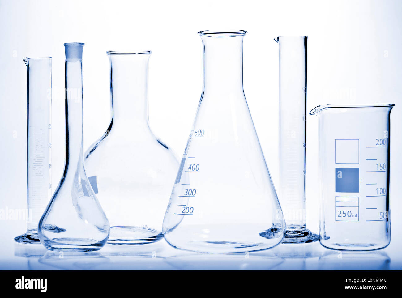 Test-tubes with reflections on a white and blue background. Laboratory ...