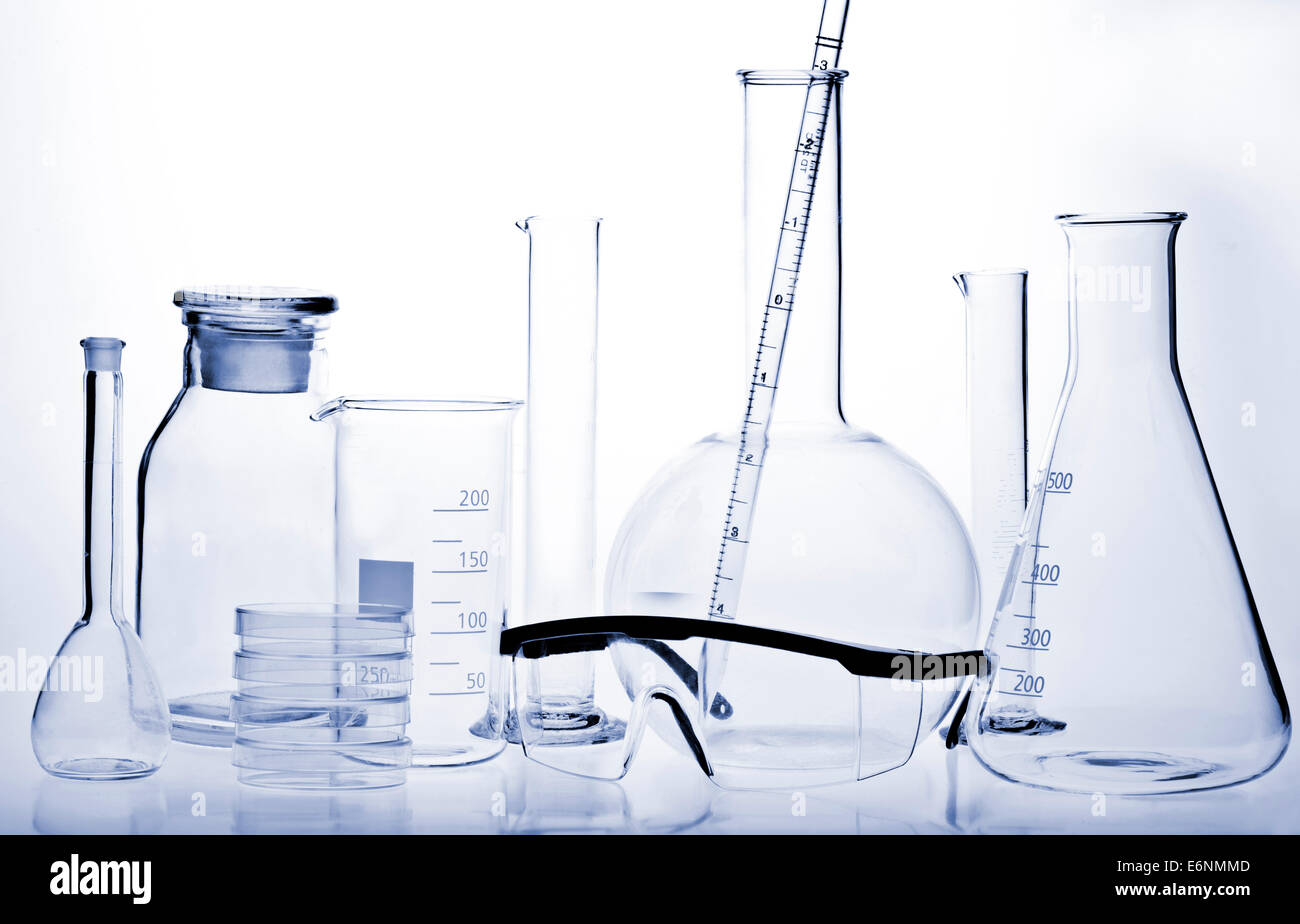 Test-tubes with reflections on a white and blue background. Laboratory ...