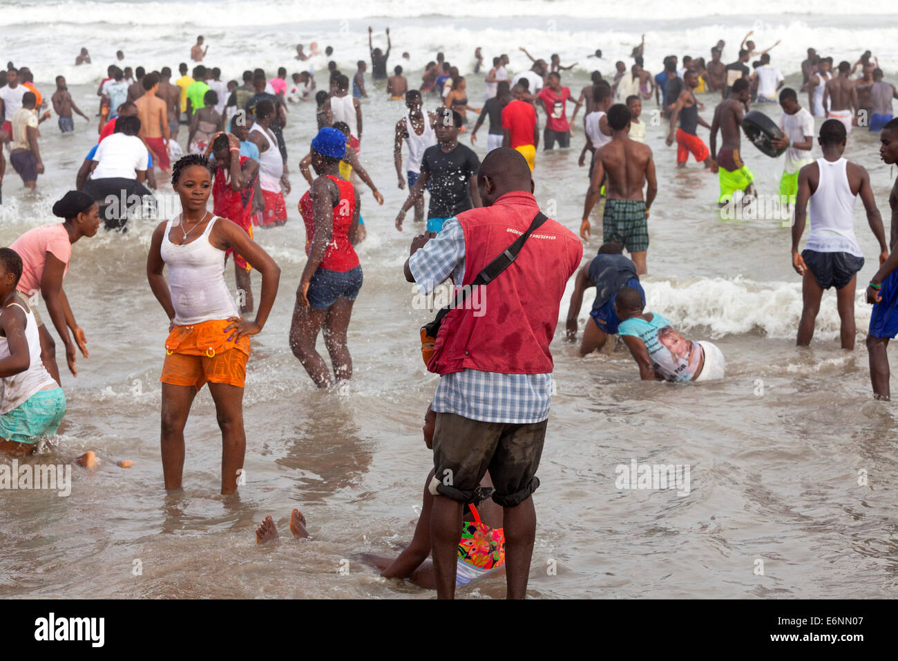 Local people in the sea at Labadi beach, Accra, Ghana, Africa Stock ...