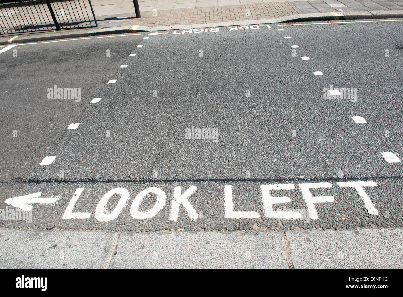 Sign on the floor of Look Left and look right on road london Stock ...