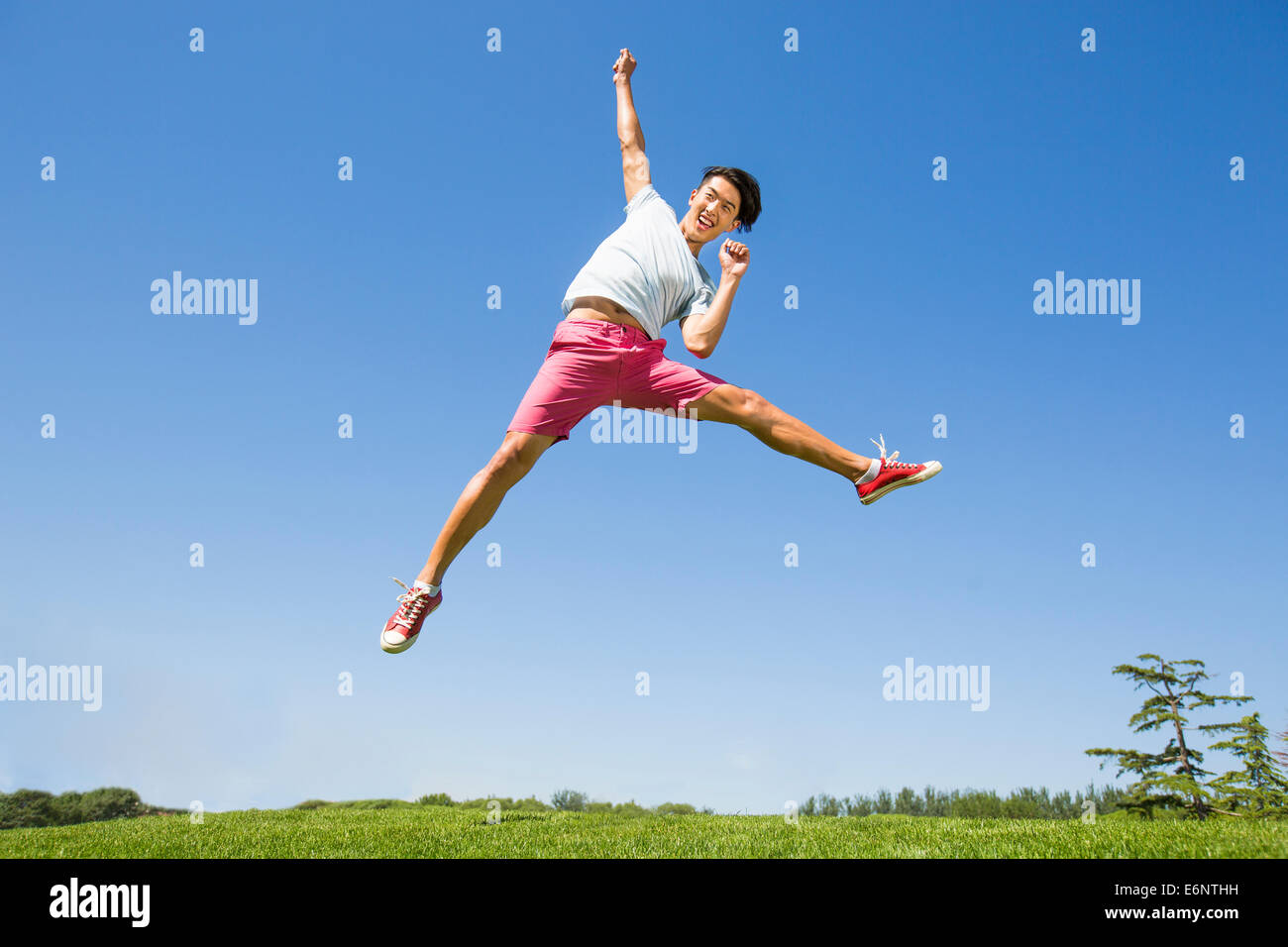 Cheerful young man jumping on grass Stock Photo - Alamy
