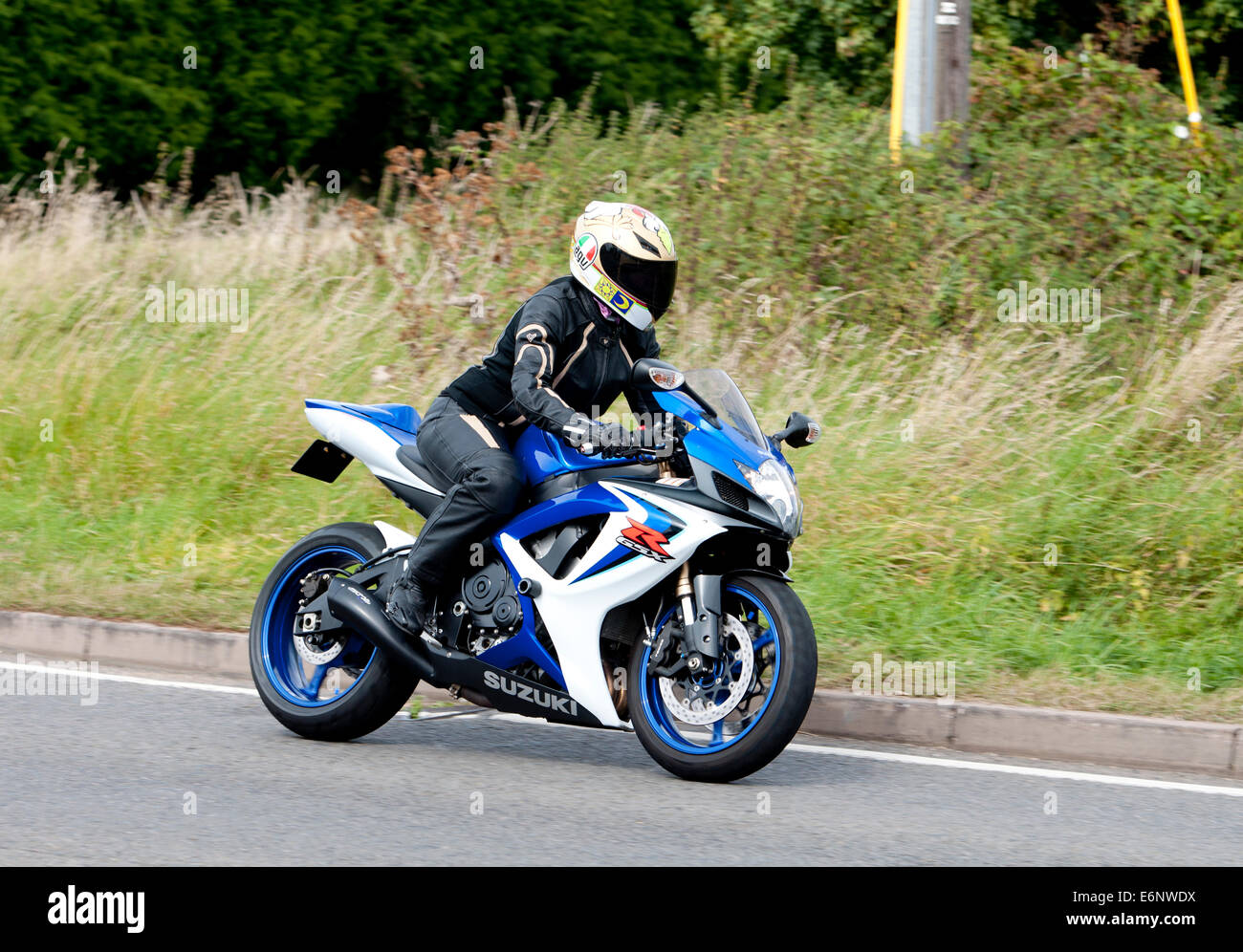 Suzuki R GSX motorcycle on the Fosse Way road, Warwickshire, UK Stock ...