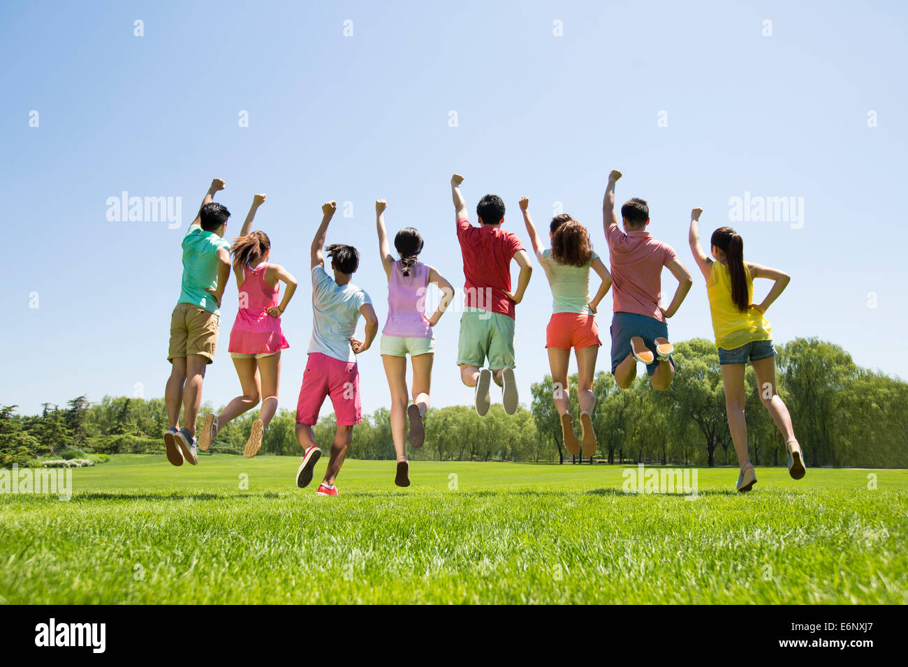 Rear view of eight cheerful young adults jumping on grass Stock Photo ...