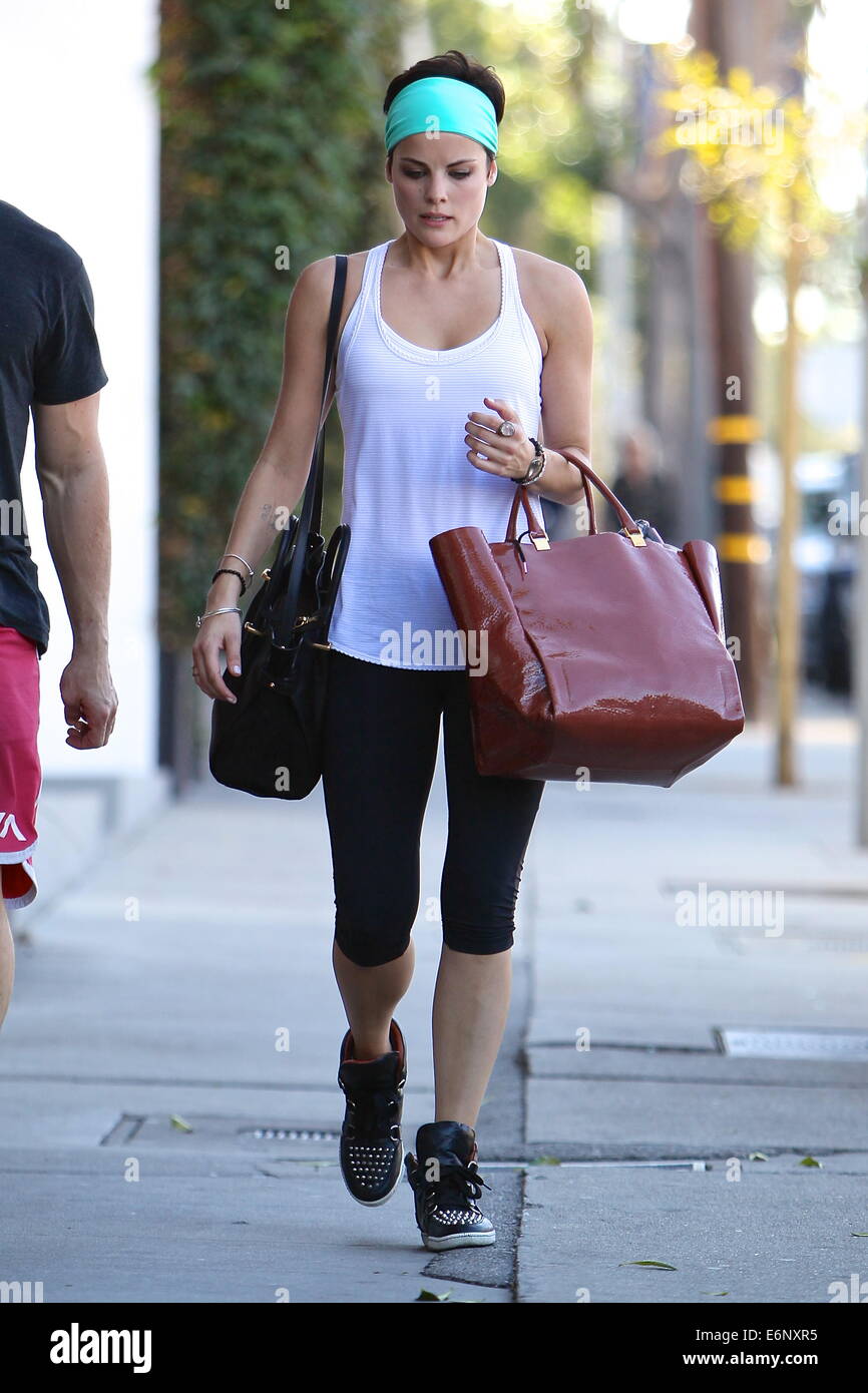Actress Jaimie Alexander, wearing a full face of make-up, departs a gym ...