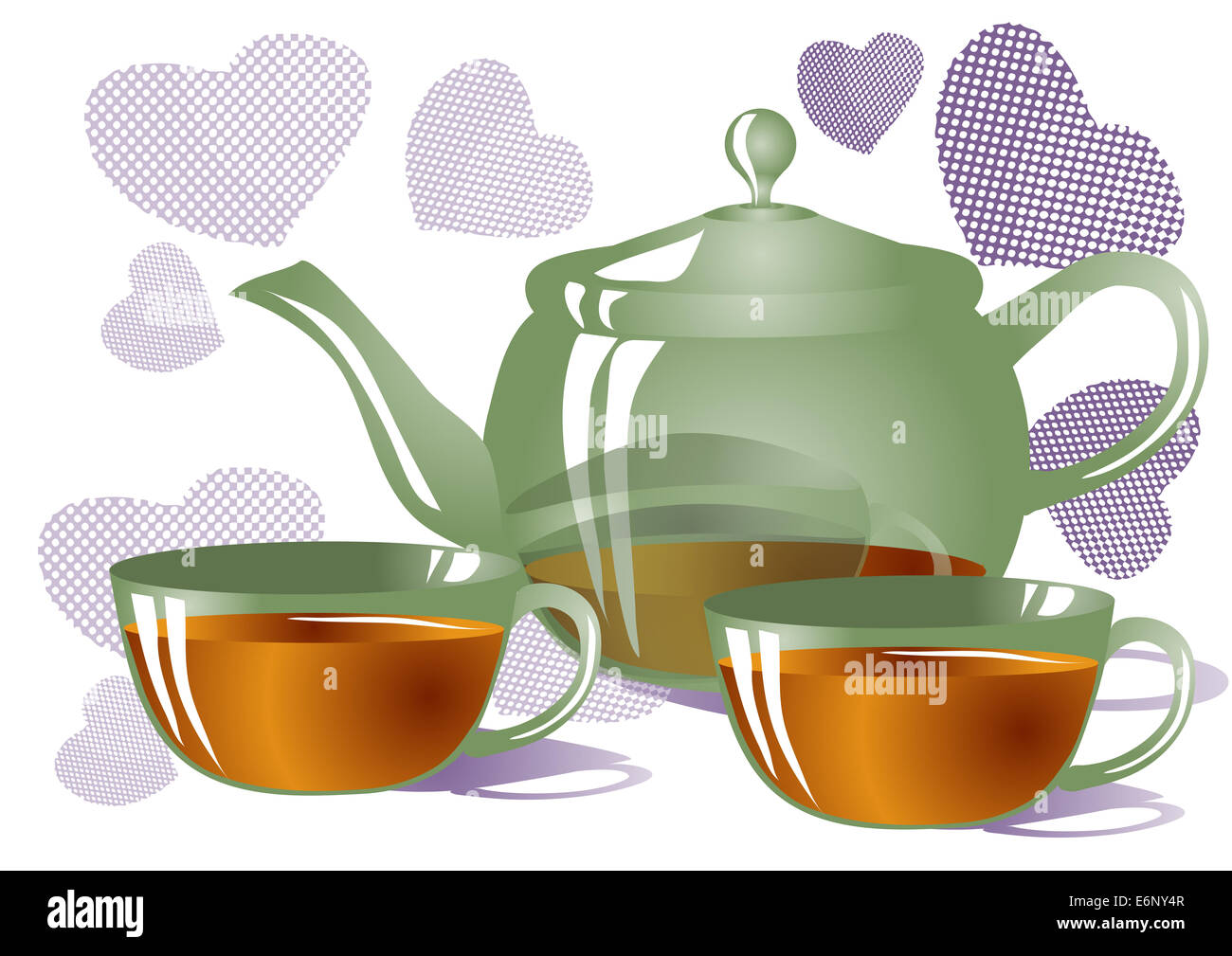 tea for two. teapot and cups on background with hearts Stock Photo - Alamy