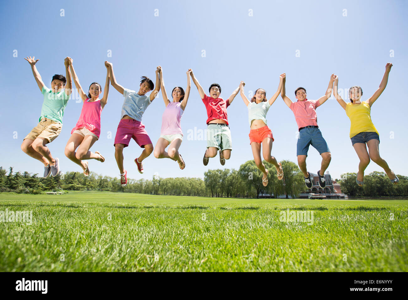 Cheerful young adults holding hands jumping on grass Stock Photo - Alamy