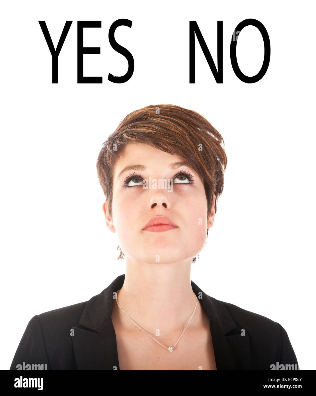 Young woman making choices isolated on white background Stock Photo - Alamy