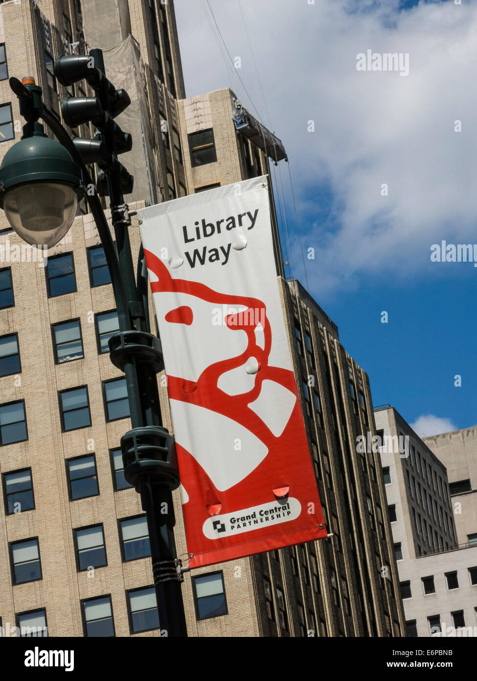 Signpost 41st St and 5th Avenue Across from NYPL with Library Banner ...