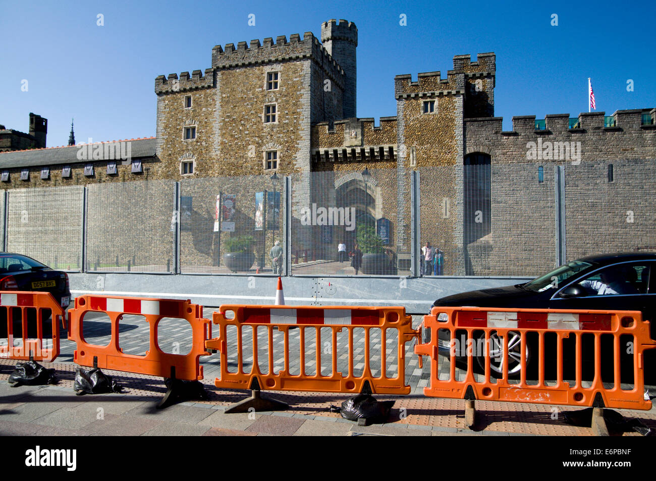 Steel fencing surrounding Cardiff Castle for the Nato Summit, September ...
