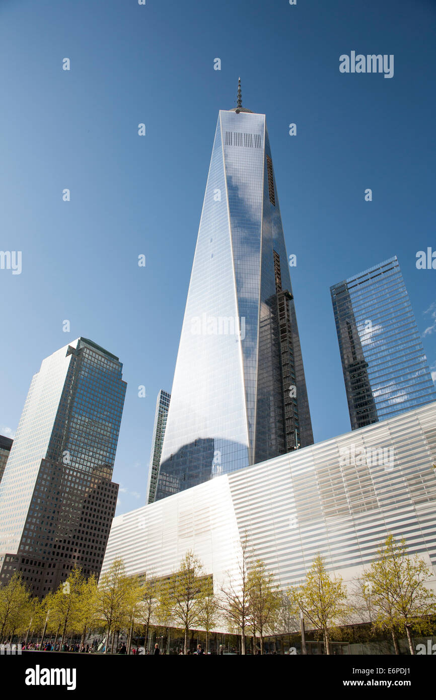 The One World Trade Center in New York City seen from the 9/11 Memorial ...