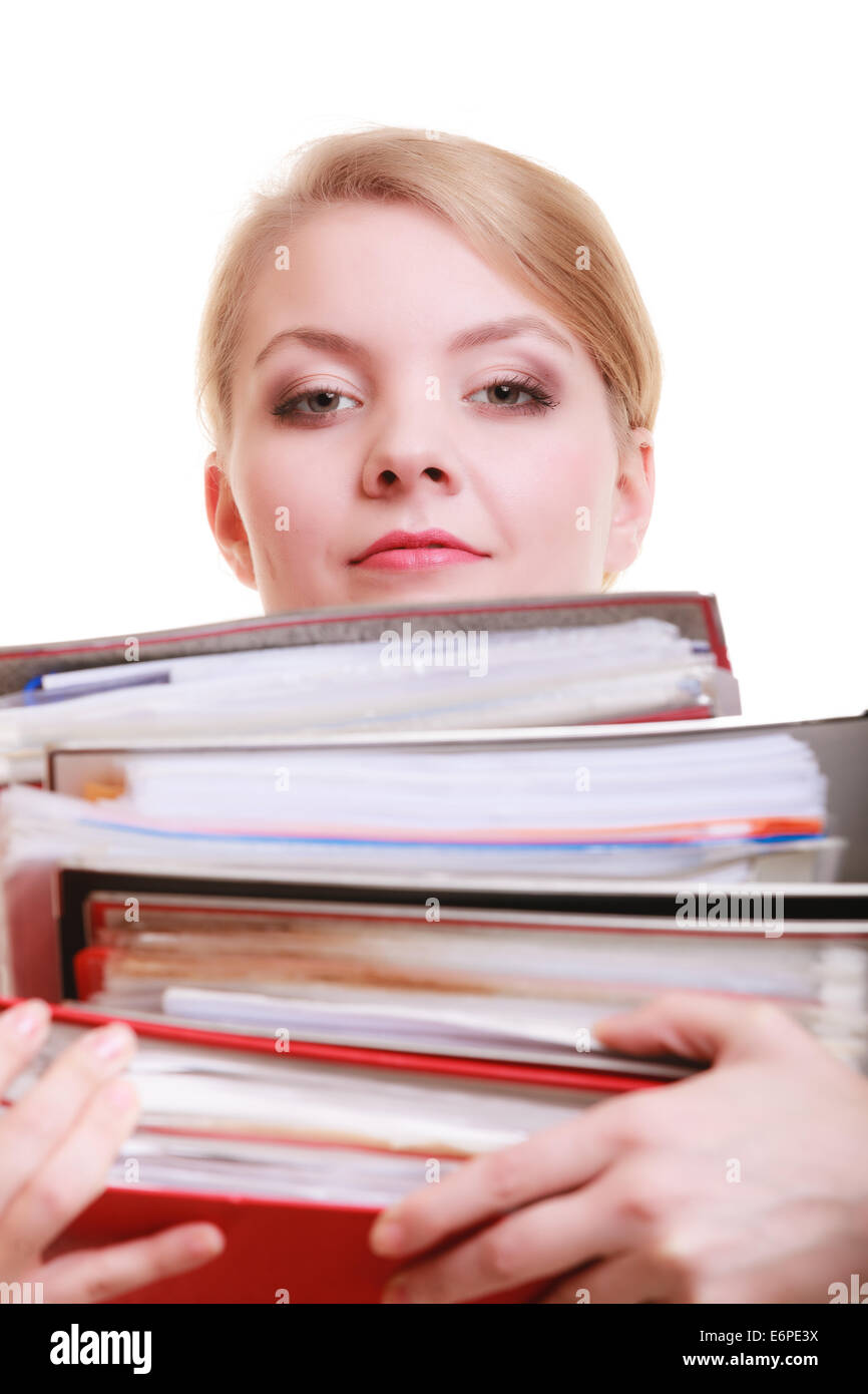 Young overworked business woman holding stack folders documents Stock ... Young overworked business woman holding stack folders documents Stock ...