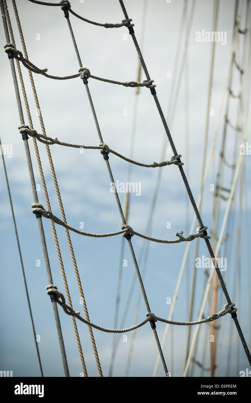 Yachting. Sailboat view of different parts of yacht. Mast wanta against ...