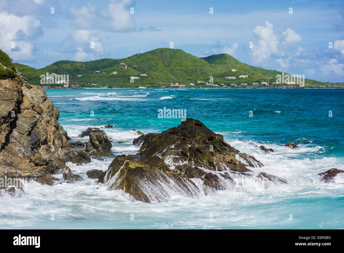 A view of the rugged coastline and Caribbean sea on the east end of St ...