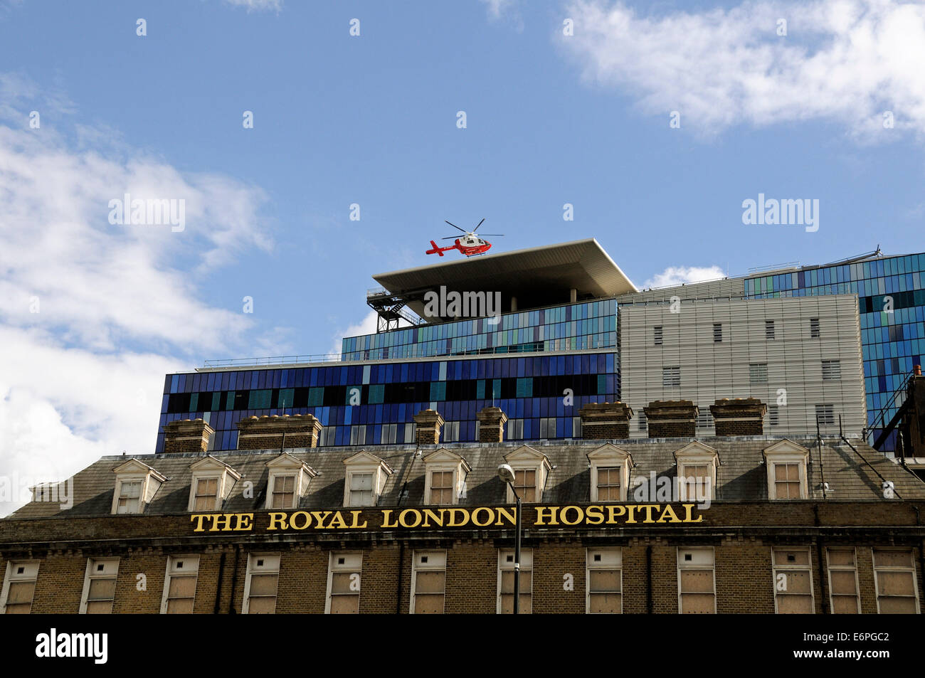 Air ambulance emergency helicopter landing on The Helipad on the roof ...