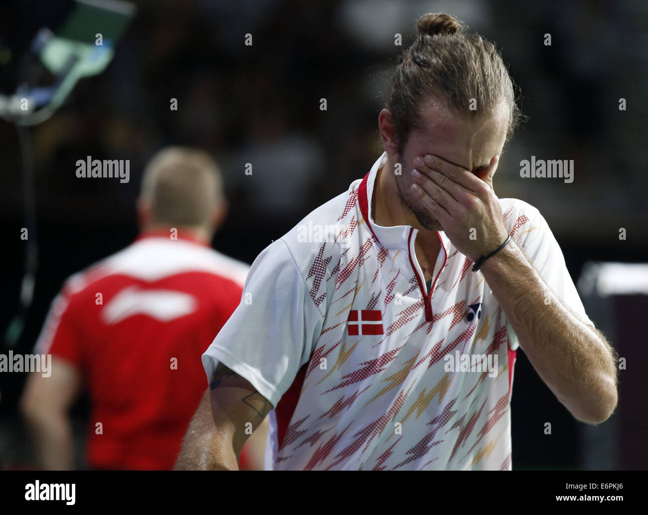 Copenhagen. 28th Aug, 2014. Jan O Jorgensen of Denmark looks dejected ...