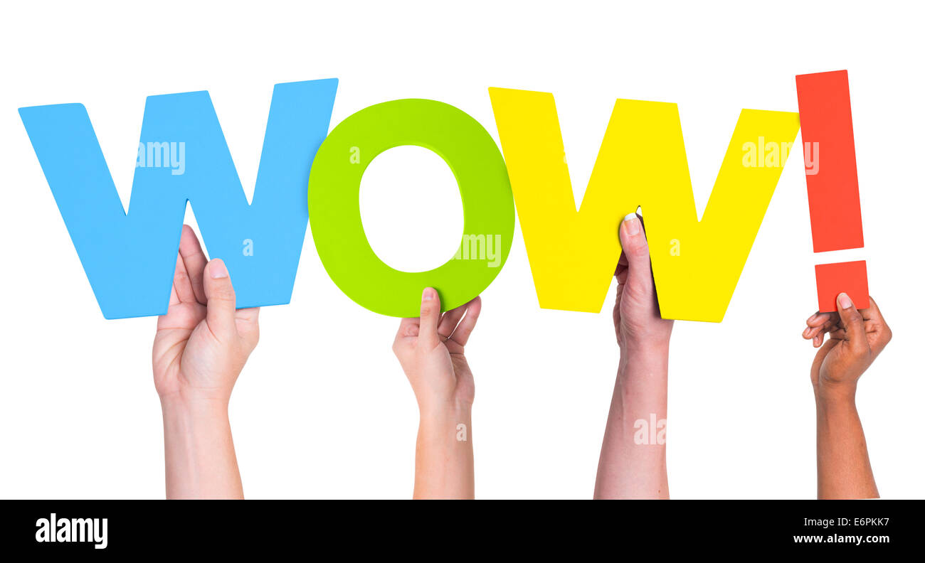 Multiethnic Hands Holding Text Wow with Exclamation Point Stock Photo ...