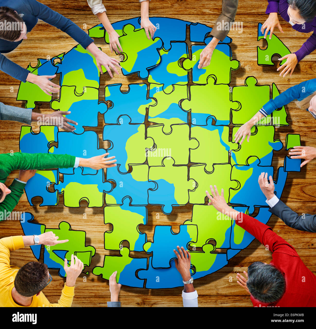 People with Jigsaw Puzzle Forming Globe in Photo and Illustration Stock ...